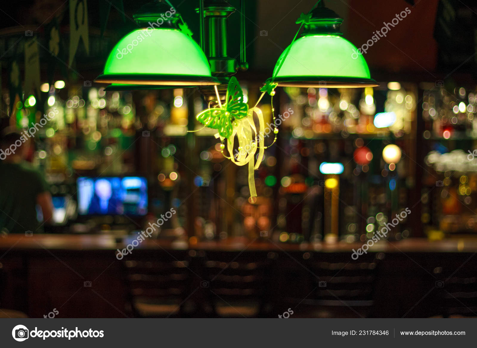 Irish Pub Photo Bar Green Dark Bar Focus Chandelier Stock Photo by ...
