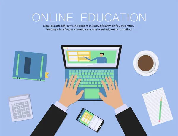 Online education background. Web design template with notebook, hands ...