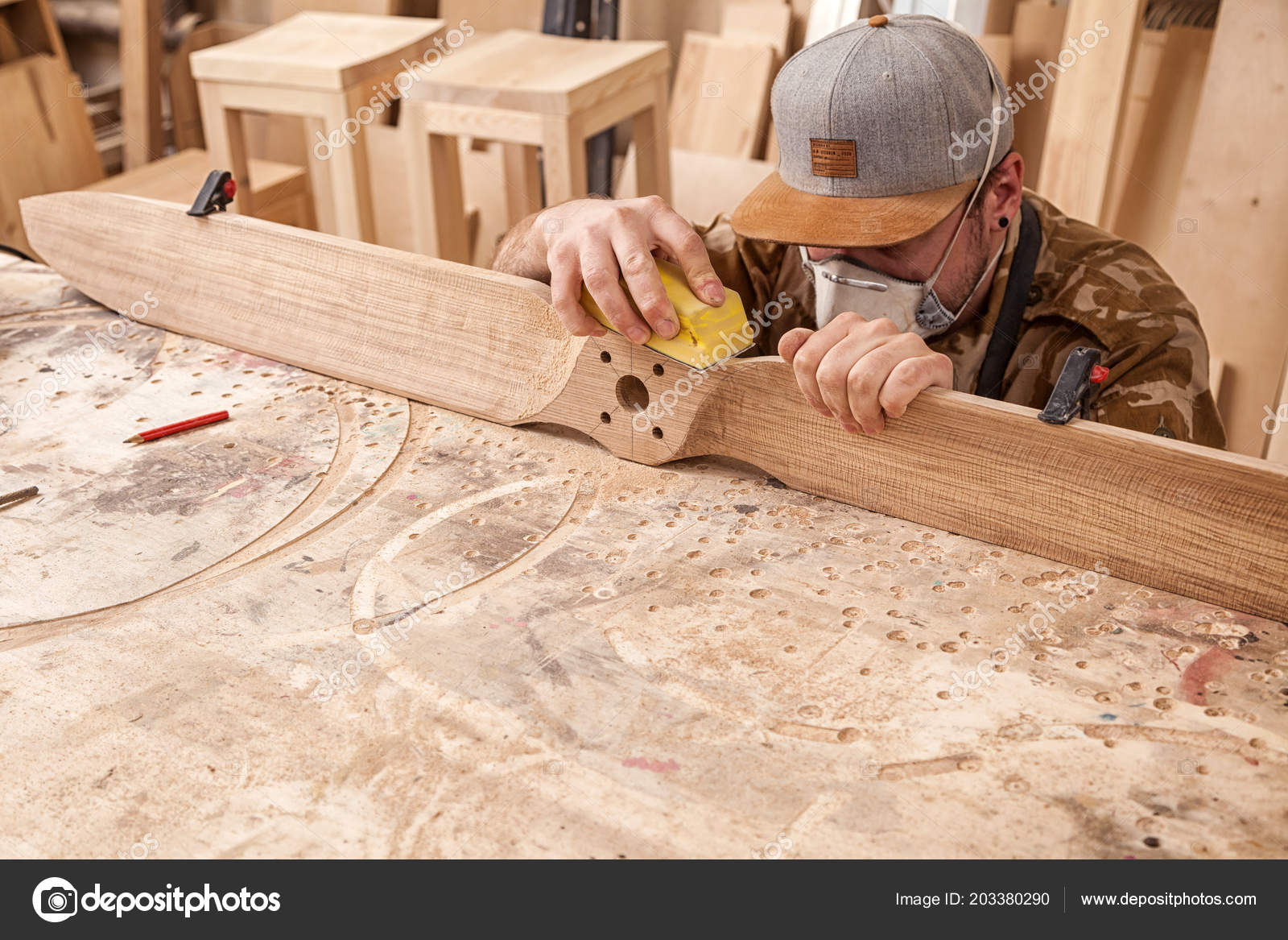 Experienced Carpenter Work Clothes Small Buiness Owner Working Woodwork ...