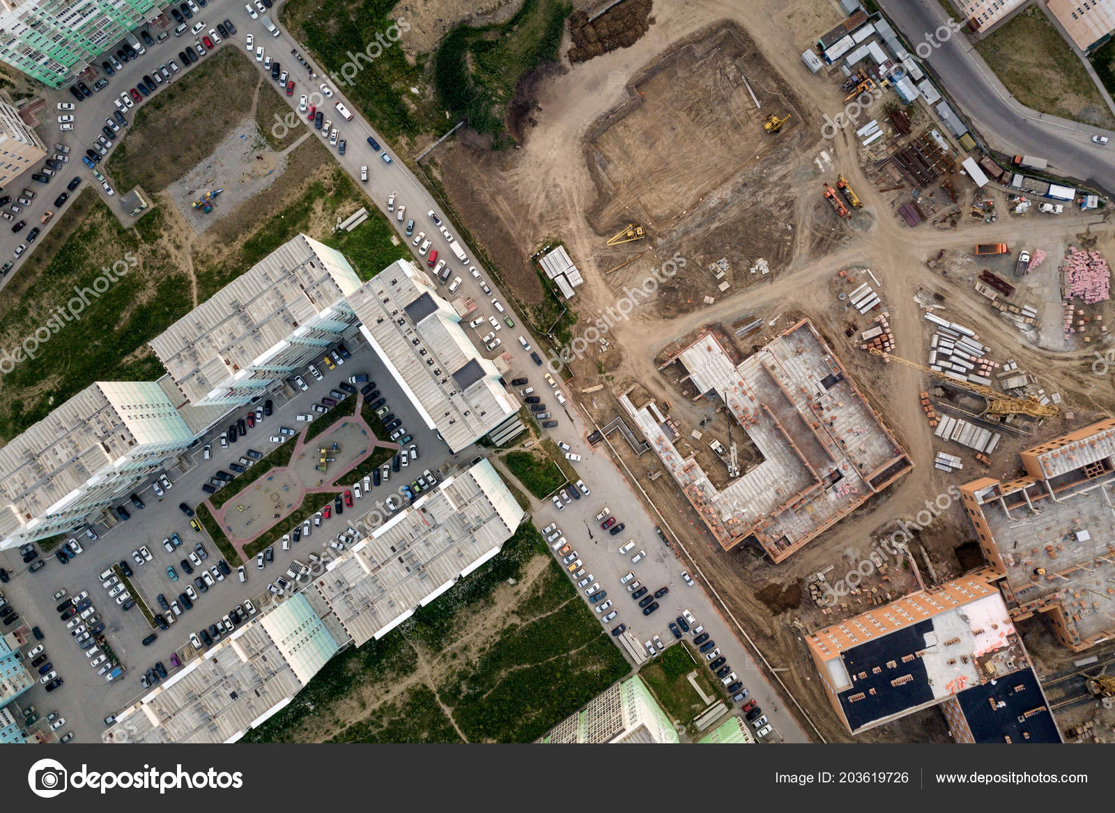 Aerial City View Crossroads Roads Houses Buildings Parks Parking Lots ...