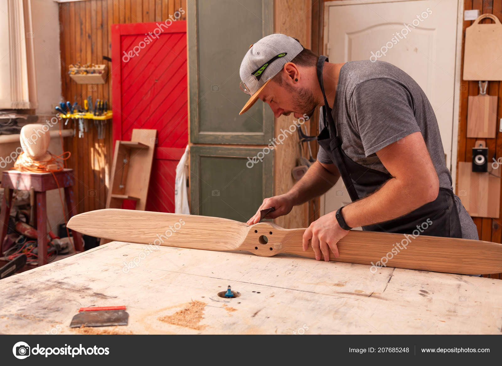 Experienced Carpenter Work Clothes Small Buiness Owner Working Woodwork ...