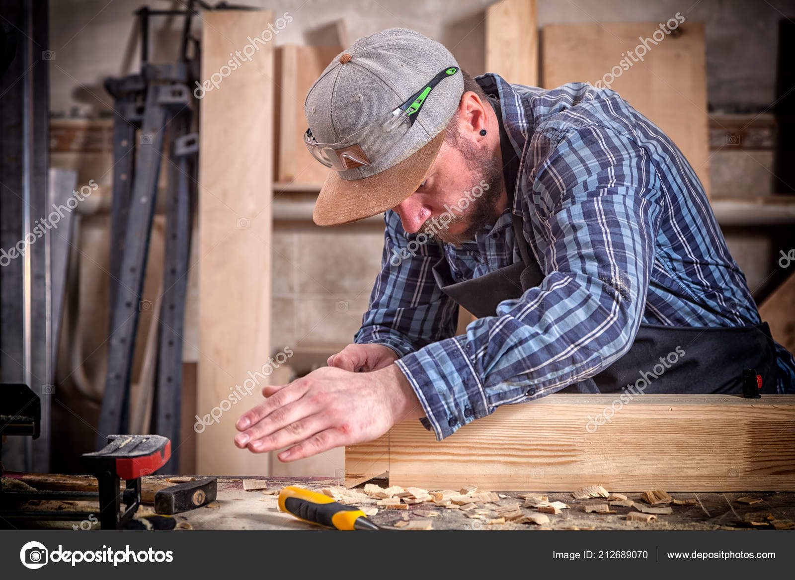 Experienced Carpenter Work Clothes Small Buiness Owner Measures Wooden ...