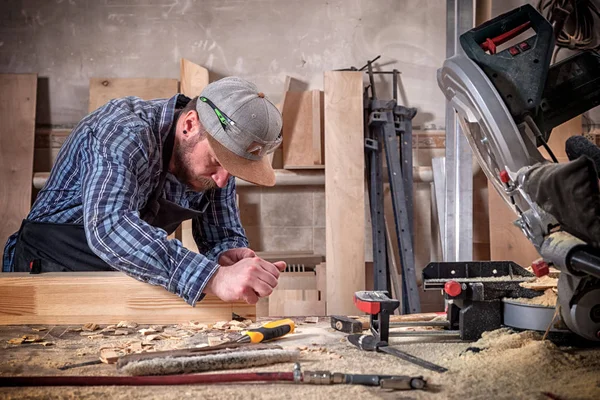 Experienced Carpenter Work Clothes Small Buiness Owner Measures Wooden ...