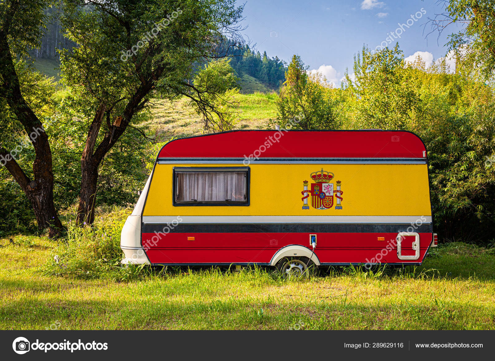 Car Trailer Motor Home Painted National Flag Spain Stands Parked ...