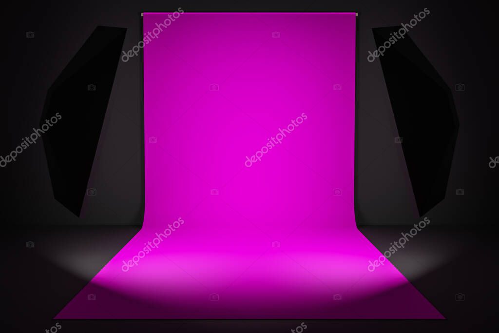 Representación 3D Photostudio con equipo de estudio: fondo rosa para ...
