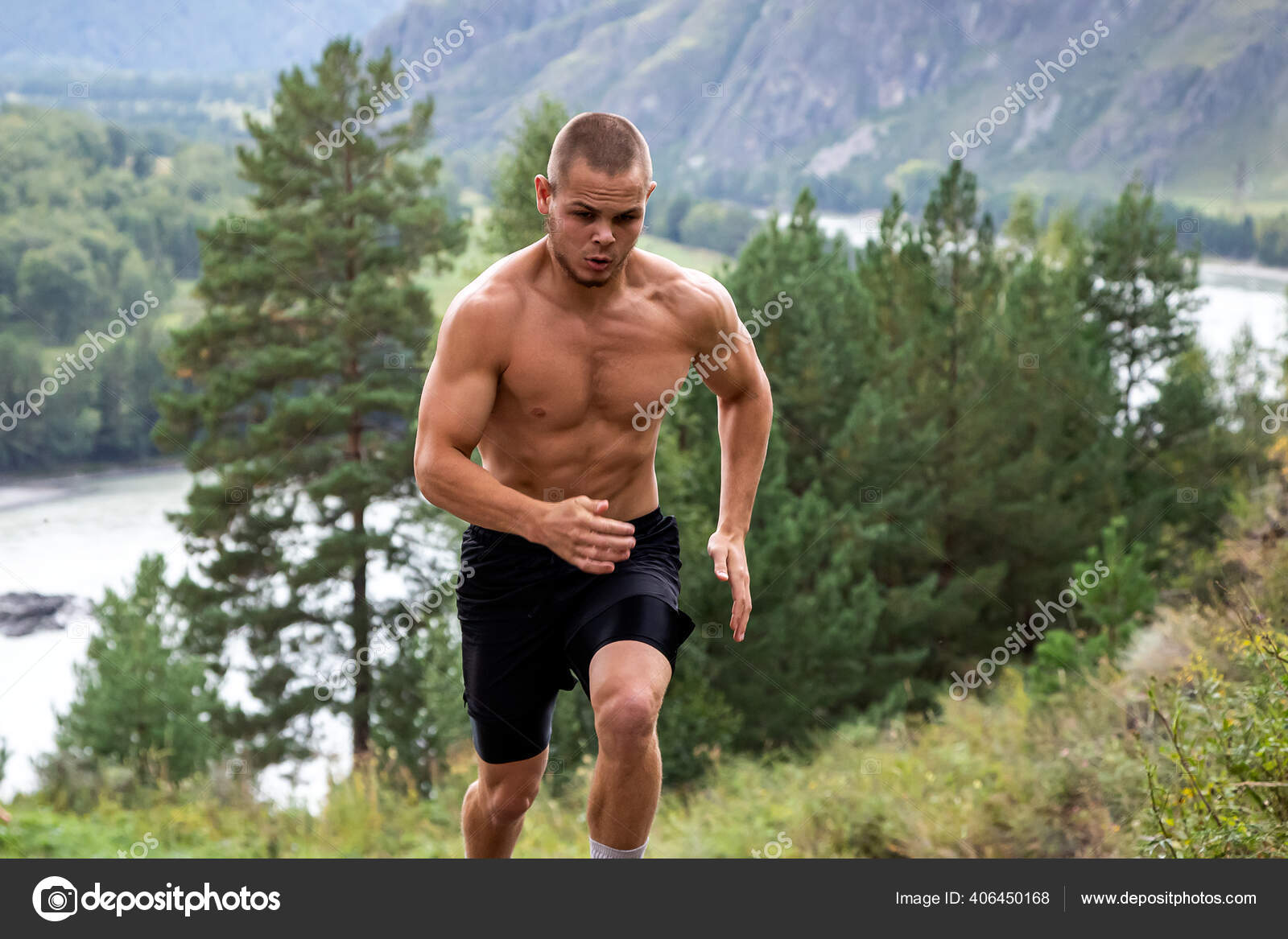 Sportsman Athlete Runs Uphill Background Mountain River Mountains ...