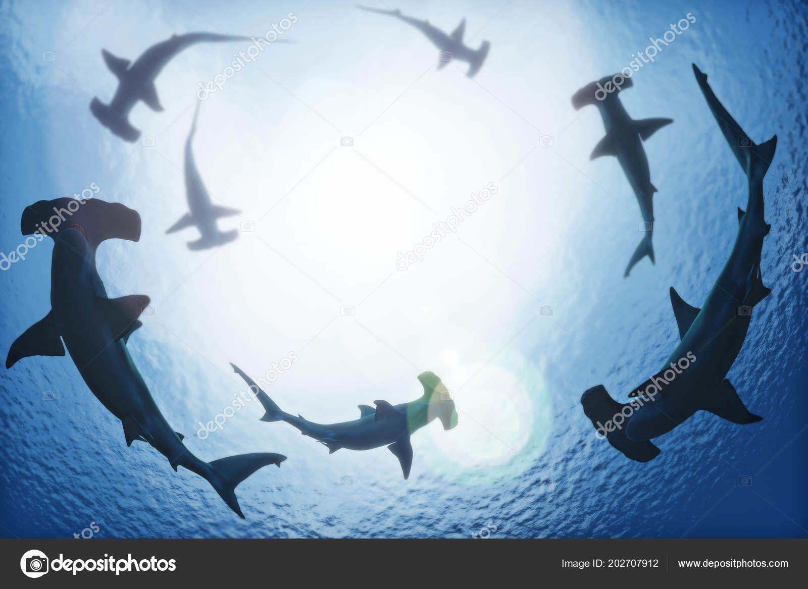 School Hammerhead Sharks Circling Ocean Depths Rendering — Stock Photo ...