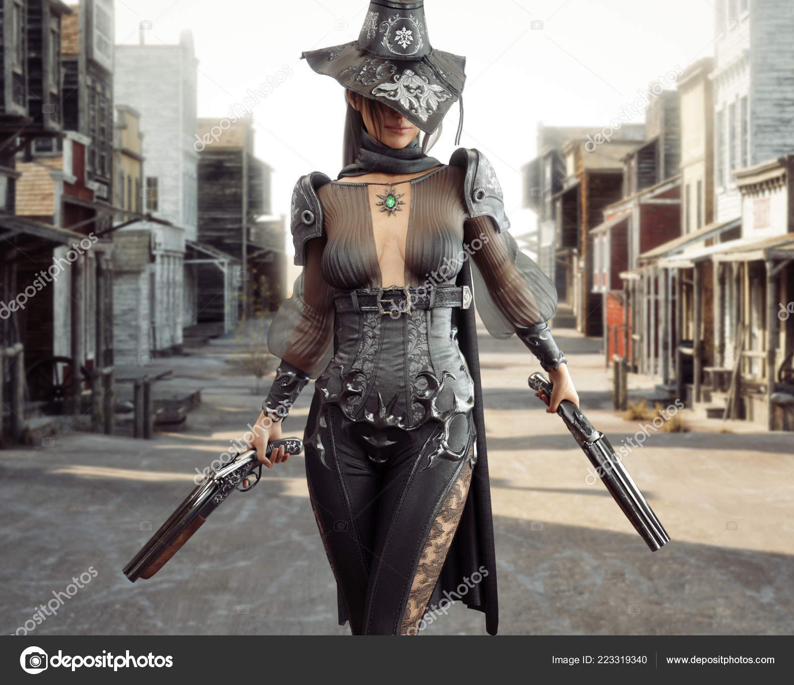Female Cowgirl Gunslinger Walking Center Western Town Duel Sawed