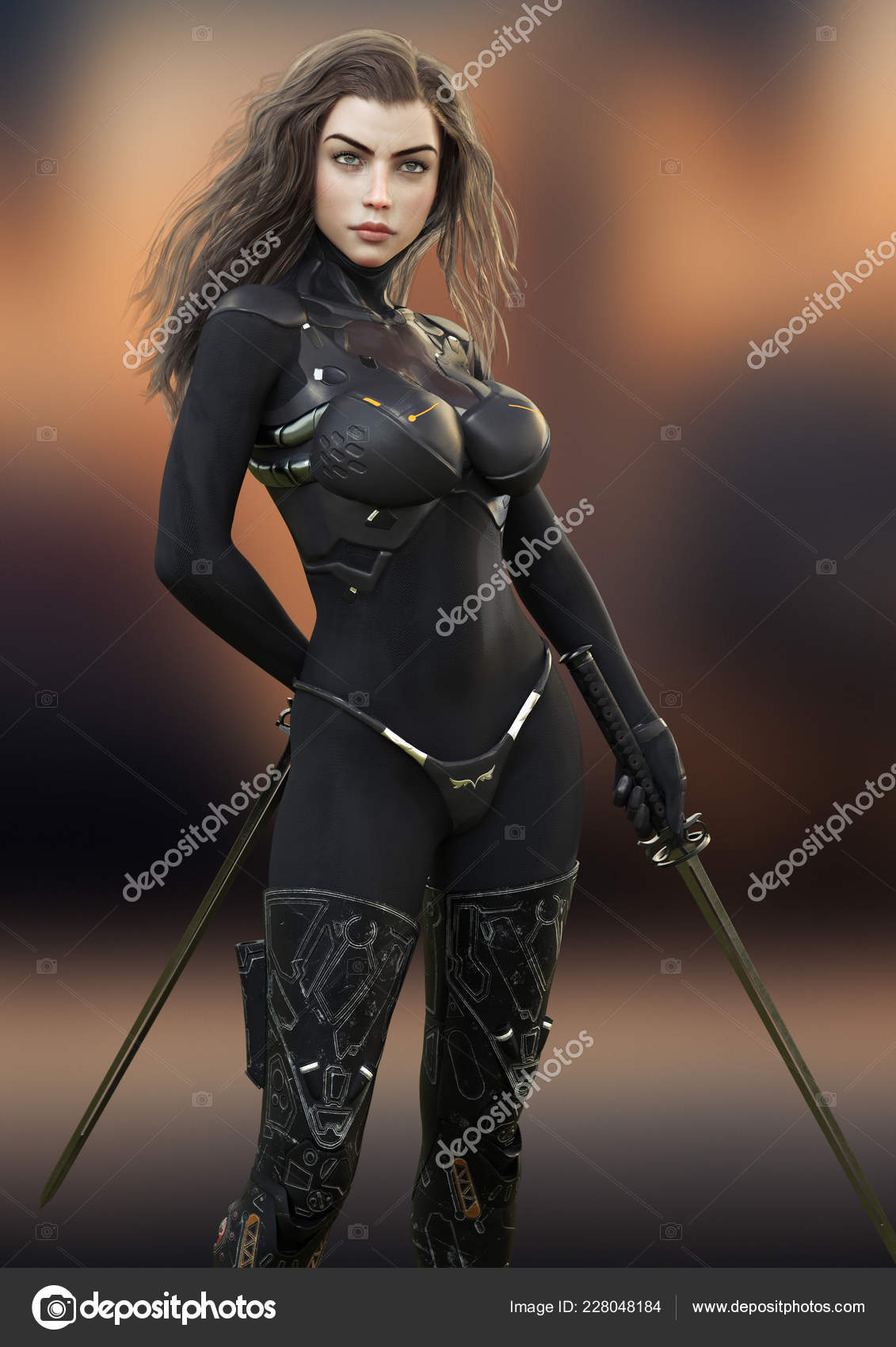 Futuristic Female Warrior Holding Duel Swords Posing Ready Combat Rendering Stock Photo by ...