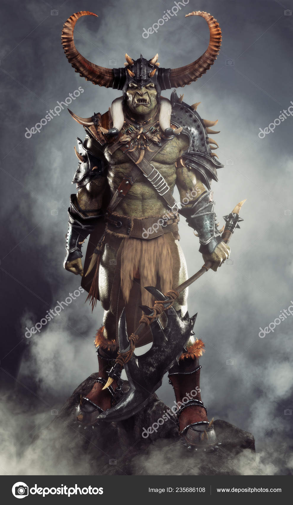 Savage Orc Brute Leader Posed Rock Outcrop Wearing Traditional Armor ...