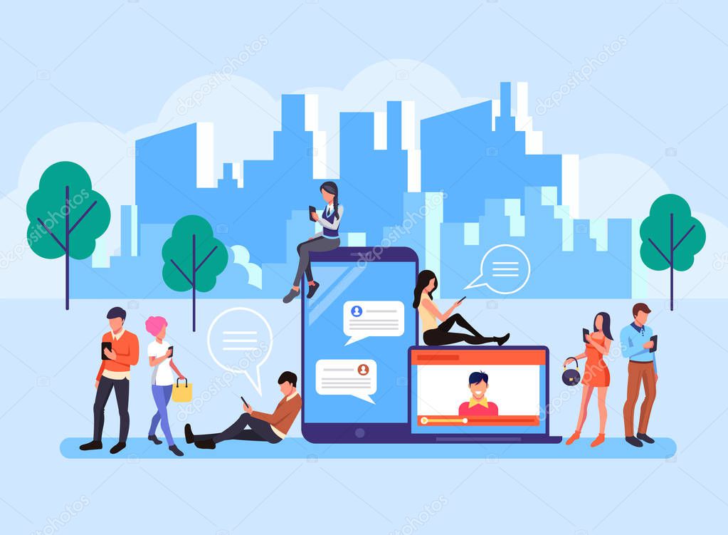 Grupo de personas mensajes de texto en línea por teléfono inteligente ...