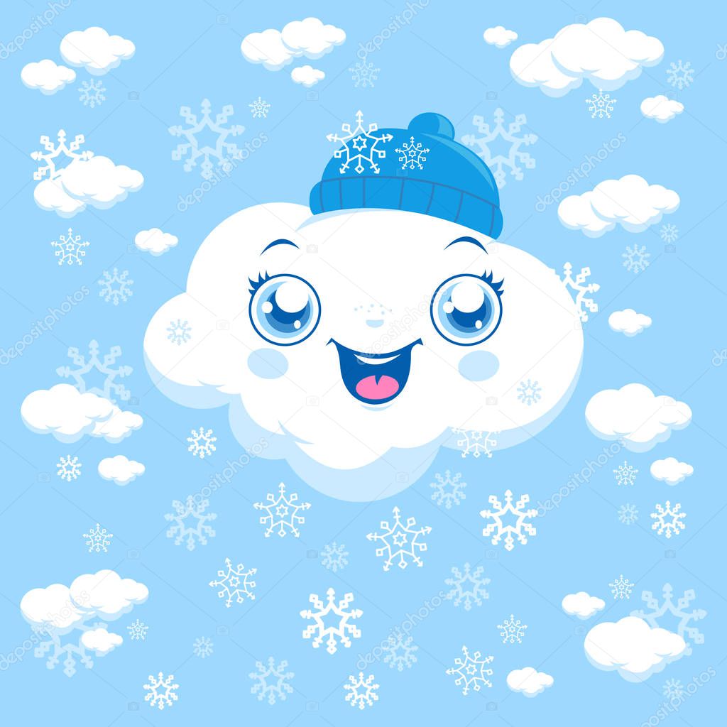 Dibujos animados vectoriales ilustración de nubes nevando en el cielo. 2023