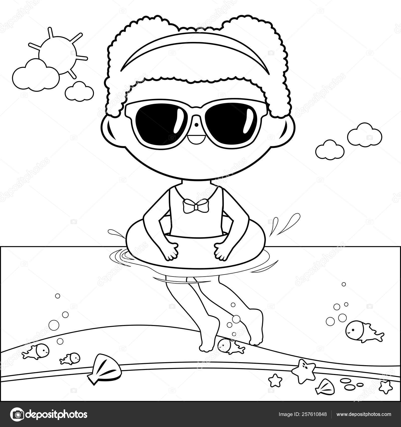 Chica con anillo de goma inflable nadando en el mar. Libro para ...