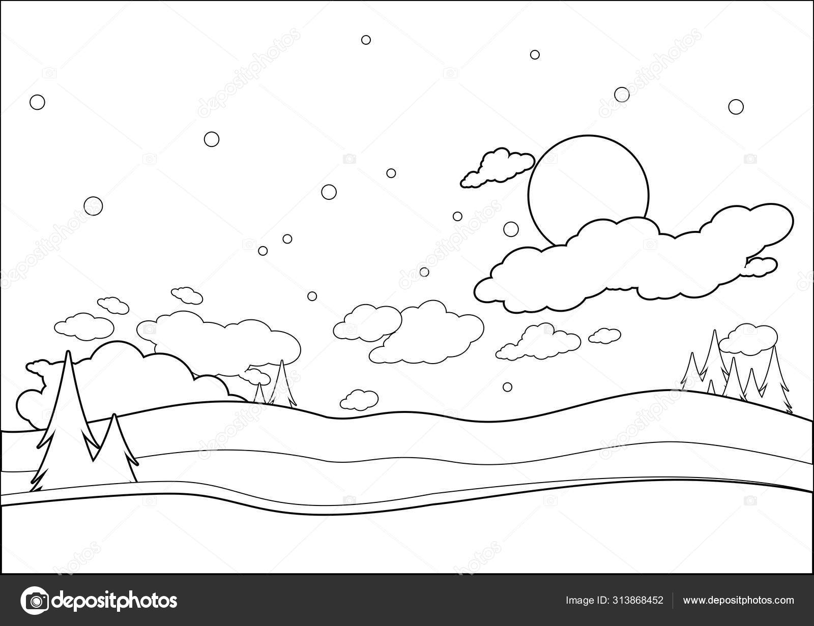 Winter landscape. Vector black and white coloring page Stock Vector by ...