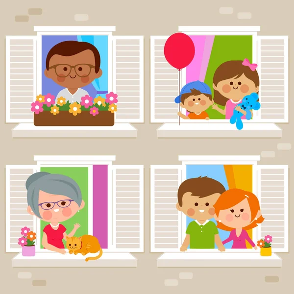 Happy Black Family Home Looking Out Window Vector Illustration Stock ...
