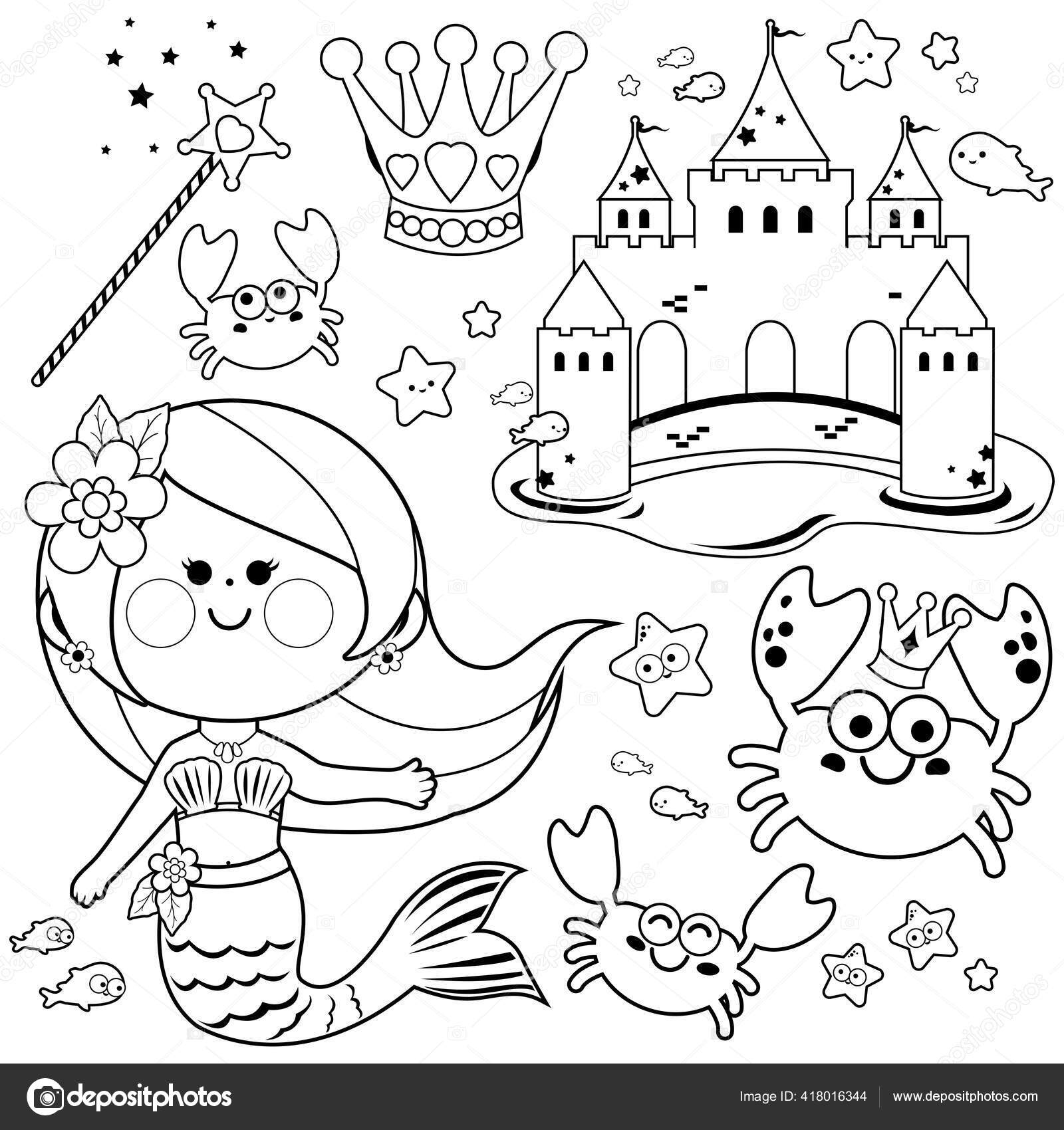 Vettoriale stockSimpatica Collezione Fiabe Sirena Pagina Colorare ...