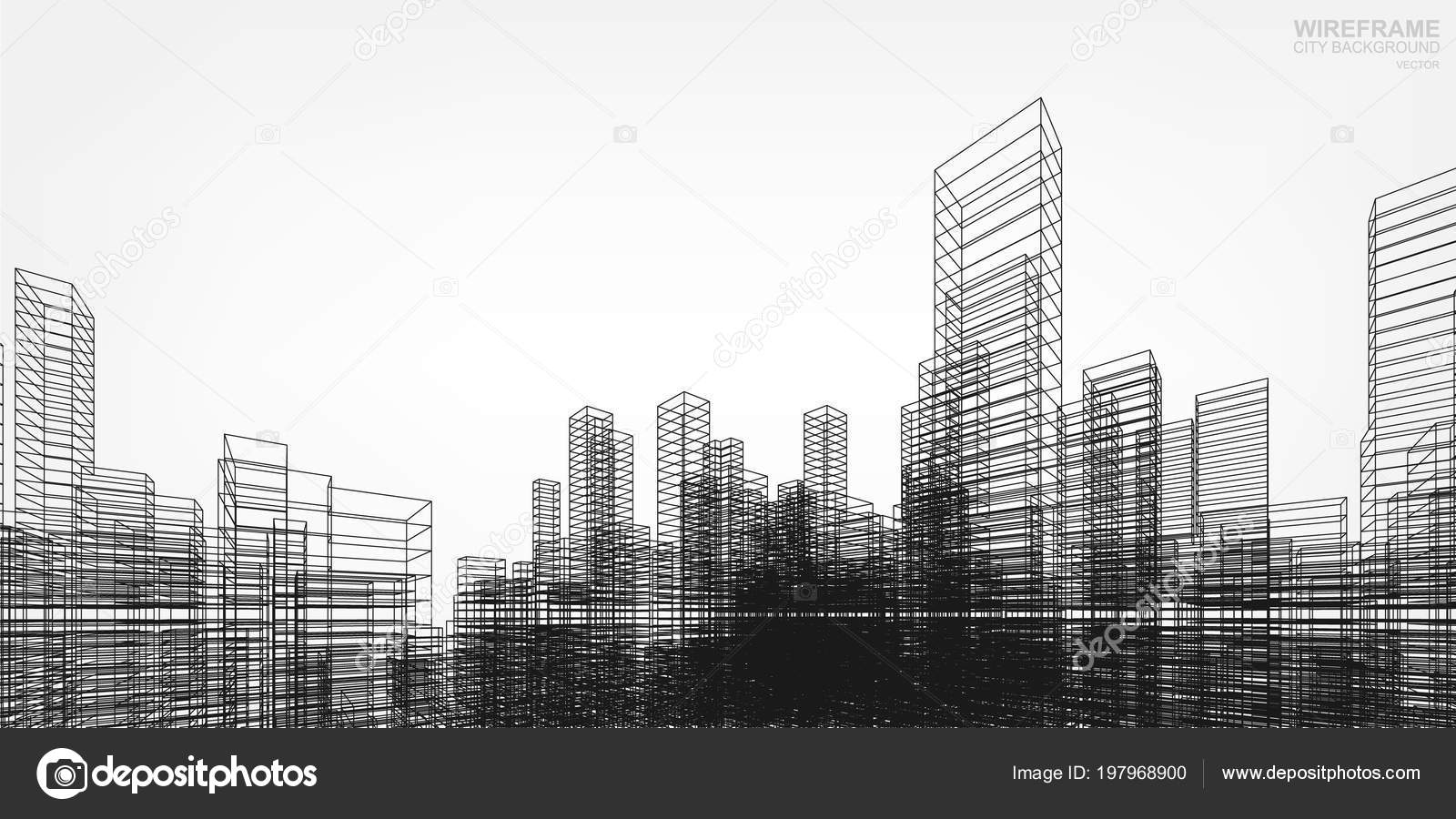 Perspective Render Building Wireframe Vector Wireframe City Background ...