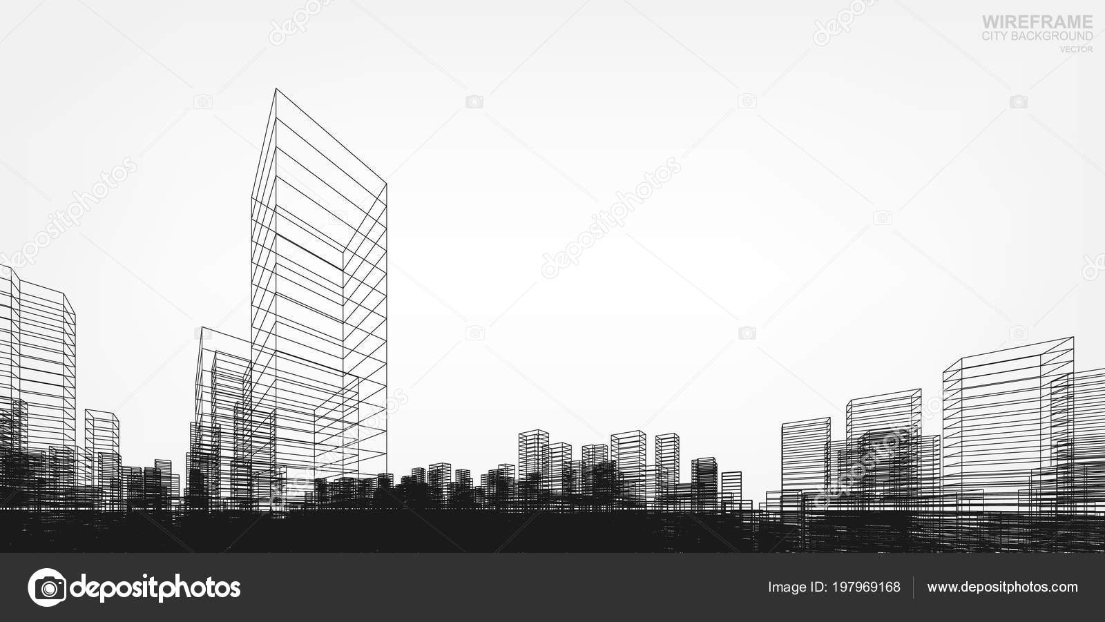 Perspective Render Building Wireframe Vector Wireframe City Background ...
