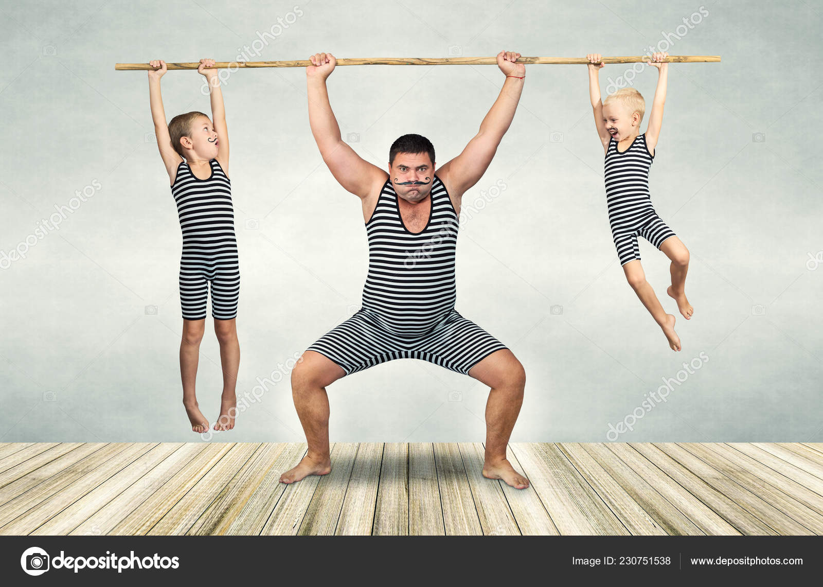 Family Strongman Father Two Sons Vintage Costume Athletes Perform ...