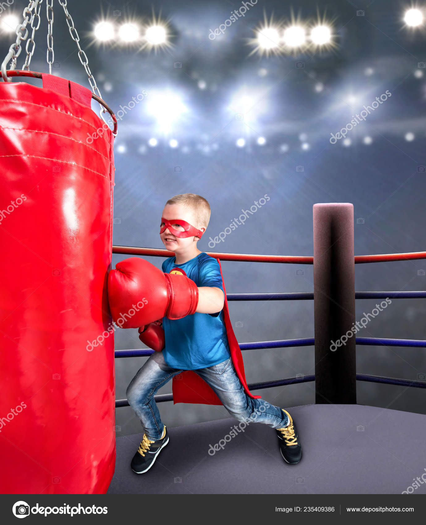 Child Superhero Costume Athlete Boxer Boxer Hitting Boxing Bag Gym ...