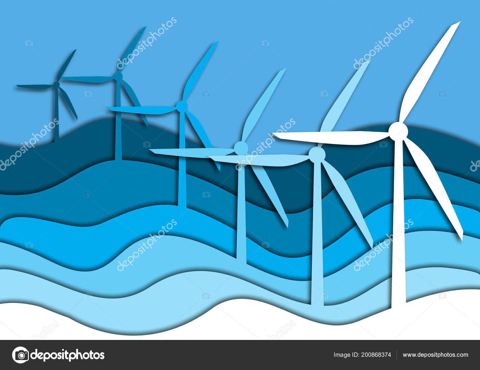 Windmills Sea Ocean Water Waves Blue Sky Landscape Green Energy Stock ...