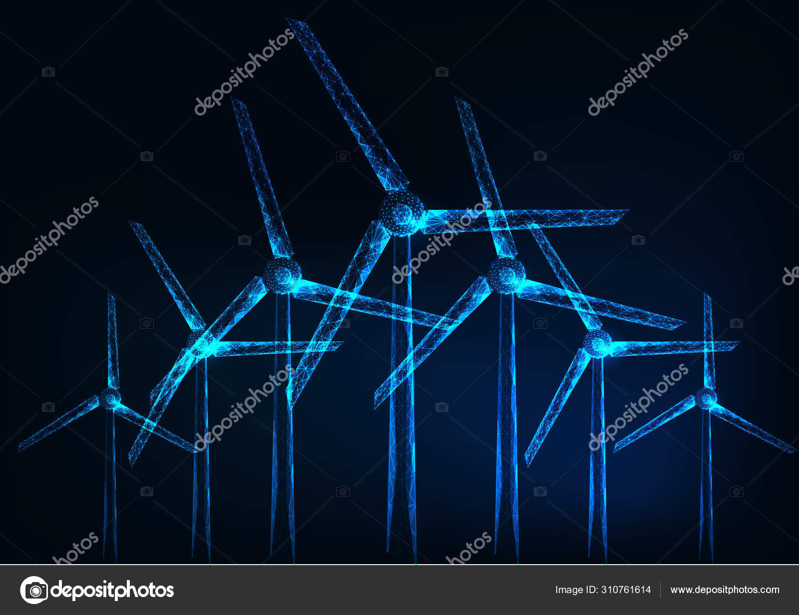 Futuristic glowing low polygonal windmill farm on dark blue background ...