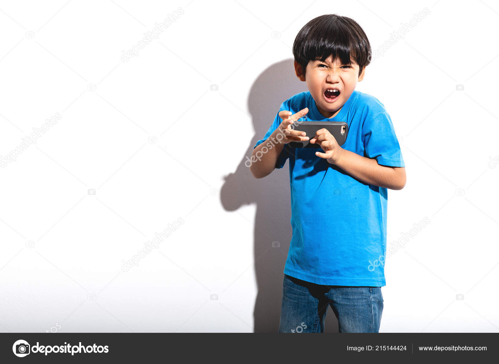 Young Boy Playing Mobile Game Portrait White Background Hard Light ...