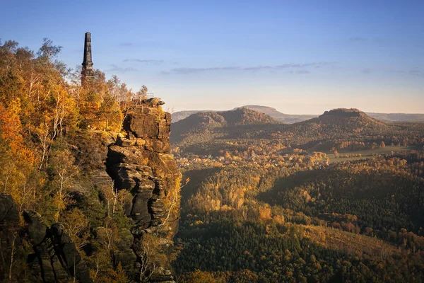 Great sunset light at the peak of an mesa in the german Saxon ...