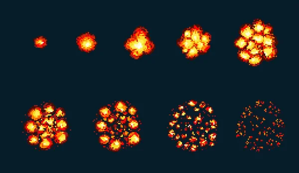 Pixel art fireball. Game icons set. Comic boom flame effects for ...