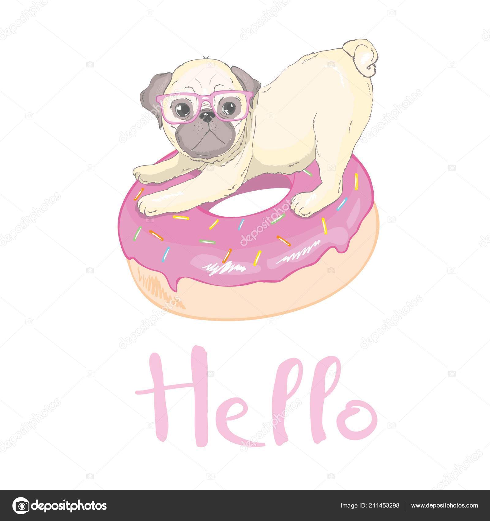 Cute Pug Glasses Happy Face Pink Donut Dog Vector Illustration Stock ...