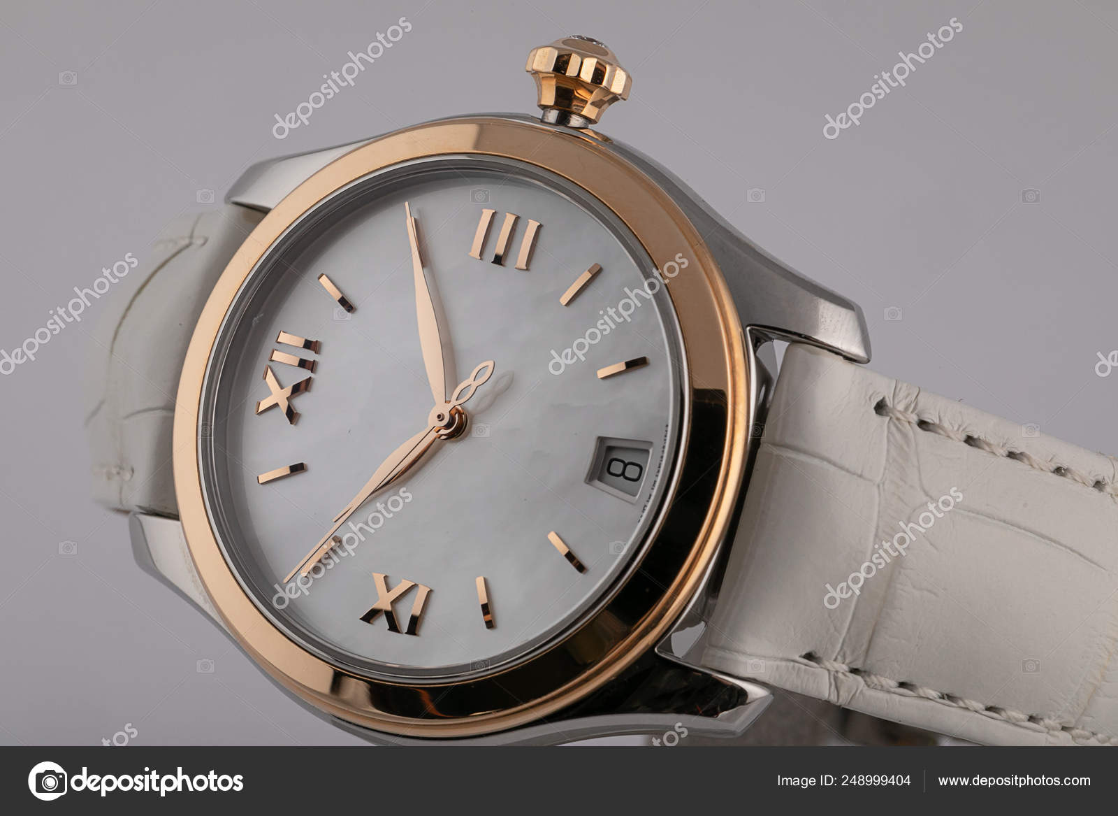 Women's watch with white leather strap,gold border,white dial,gold ...