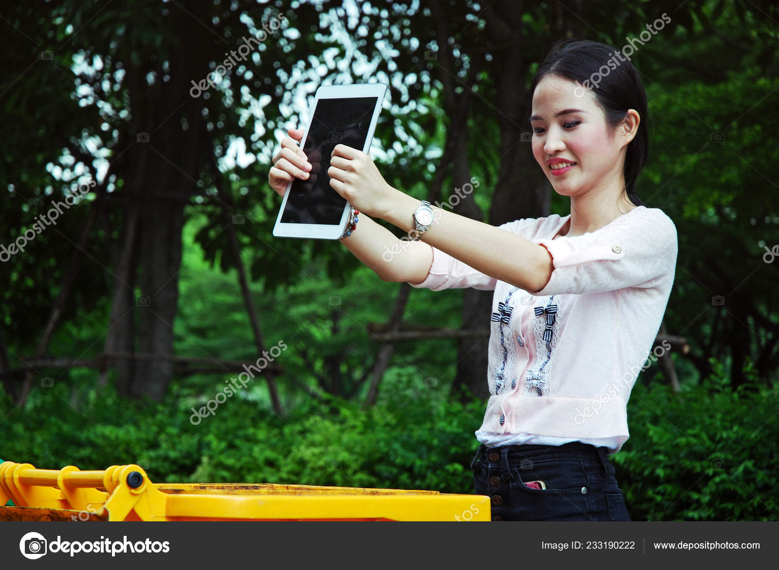 Beautiful Women Dispose Tablet Device Electronic Waste Stock Photo by ...