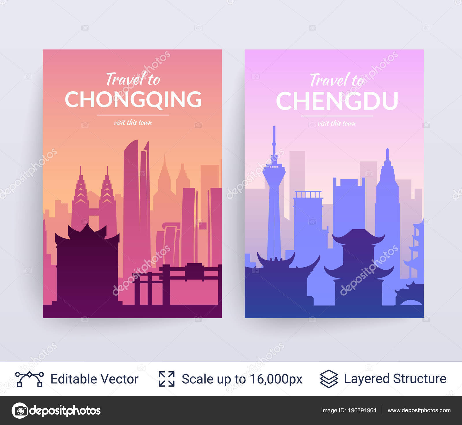 Chongqing y Chengdu famosos paisajes de la ciudad china . Vector de ...