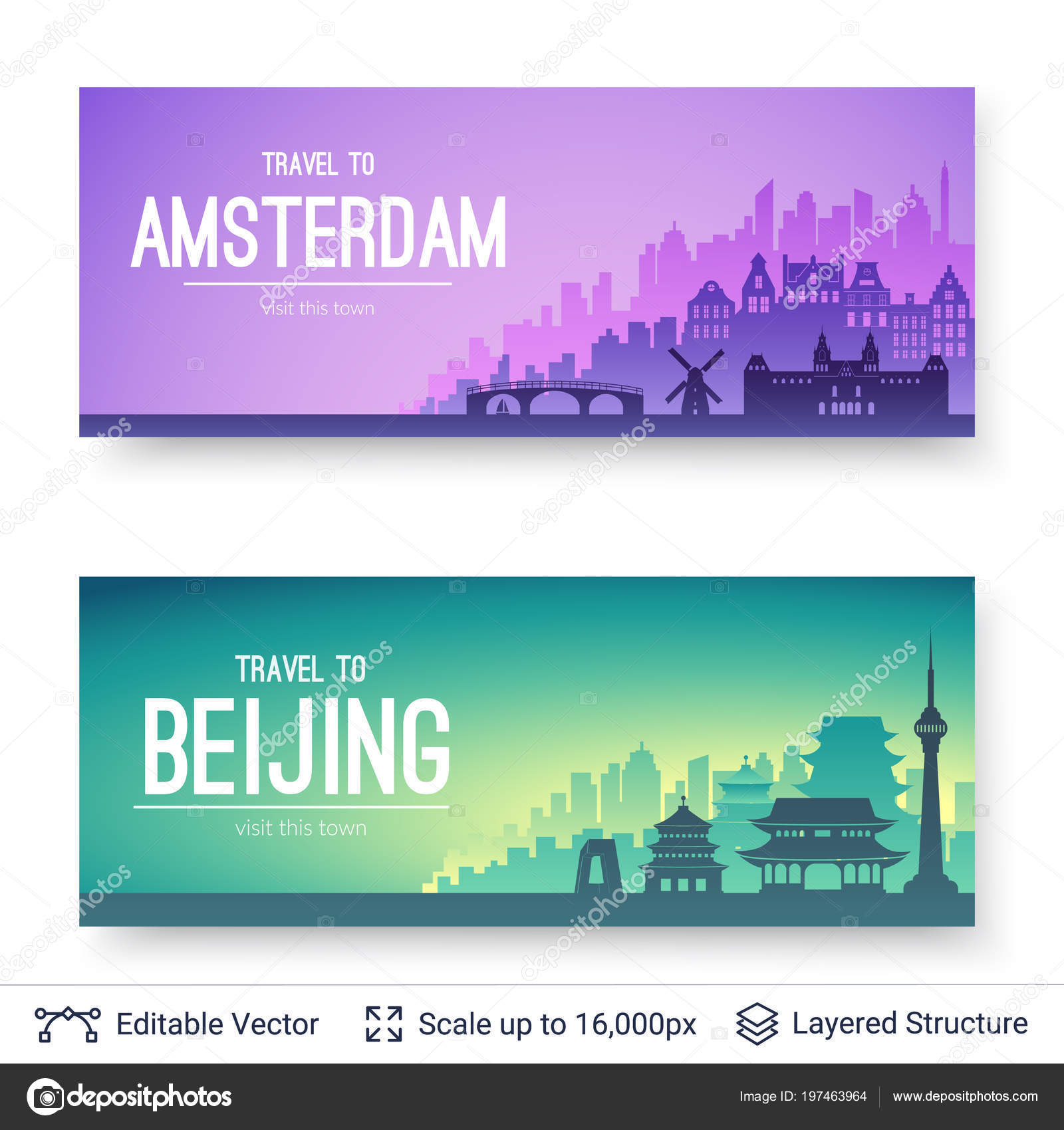 Amsterdam and Beijing famous city scapes. Stock Vector Image by ...