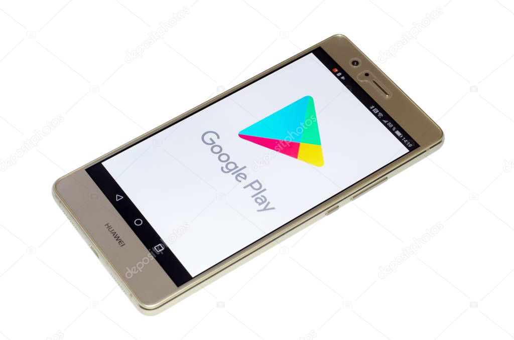 Soest, Alemania - 4 de enero de 2018: logotipo de Google Play en la pantalla de Huawei P9 lite ...