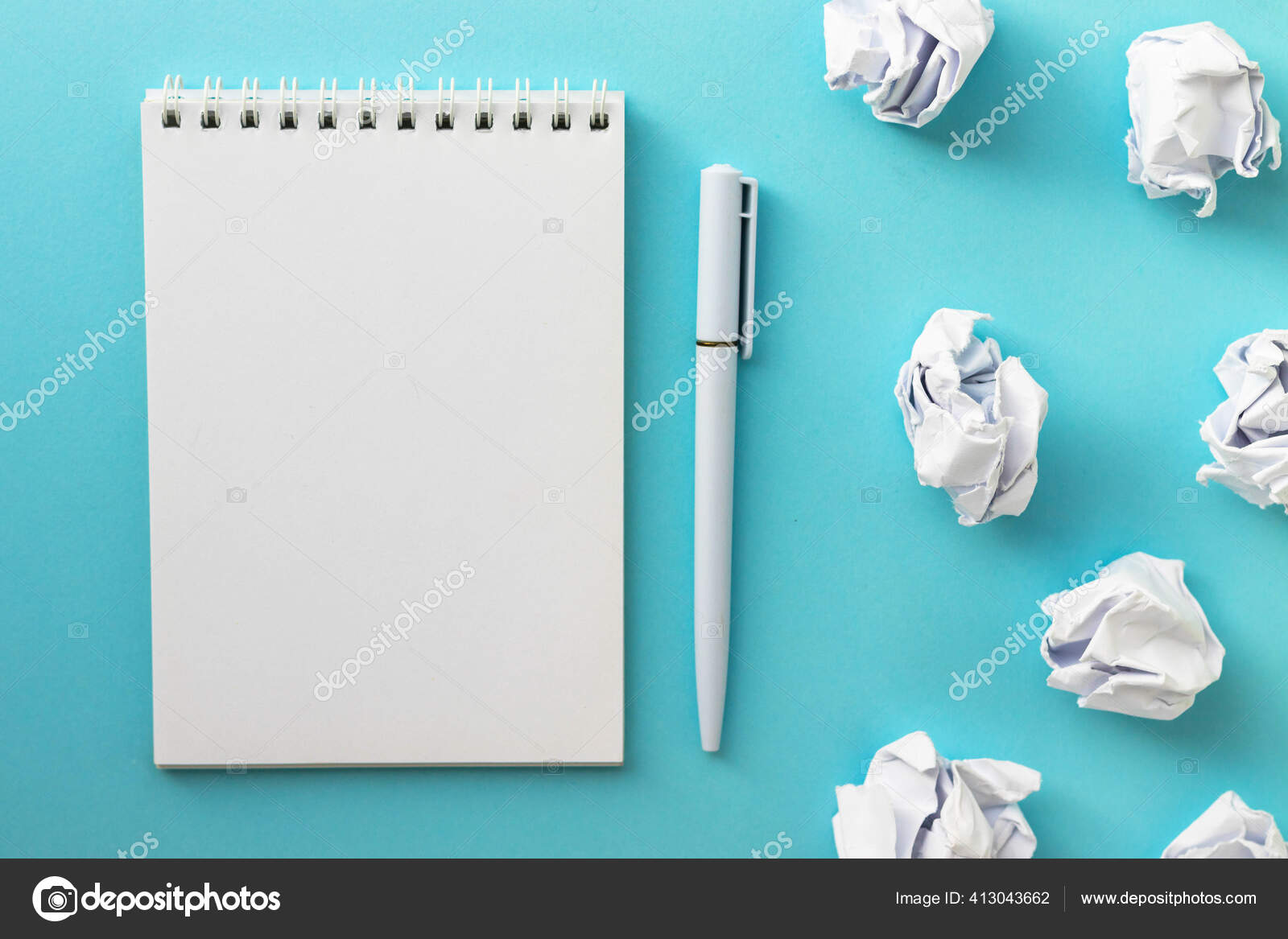 Blank Notepad Pen Crumpled Paper Balls Bright Blue Background Writing ...