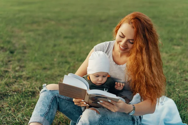 Beautiful Mom Reading Book Her Cute Baby Boy Smiling While — Stock ...