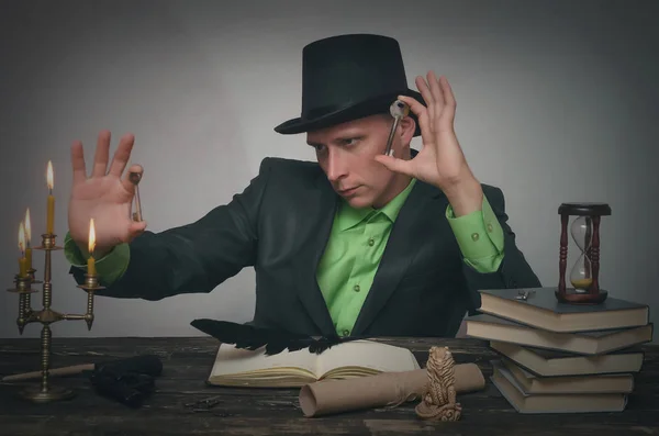 Detective spy agent holding in hands a two keys to unravelling ...