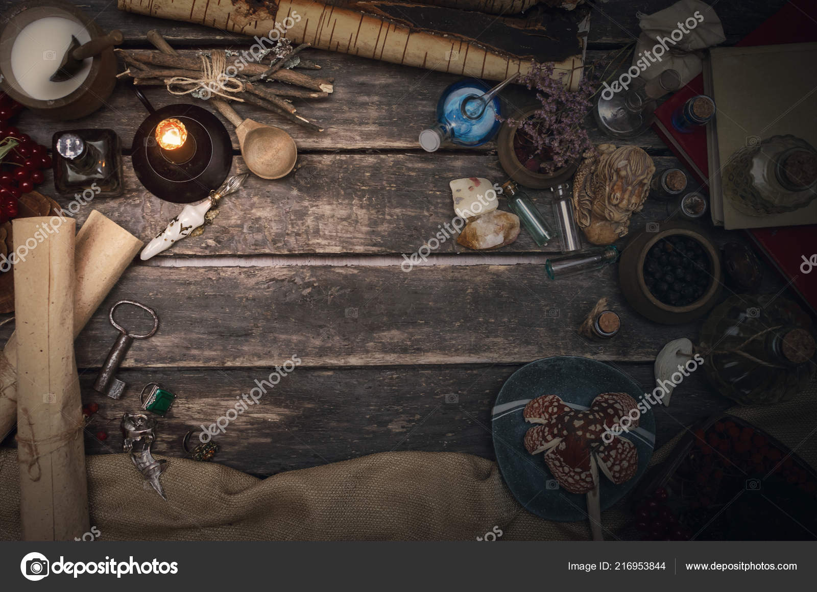 Wizard Table Various Magic Accessories Ingredients Witchcraft Herbal ...