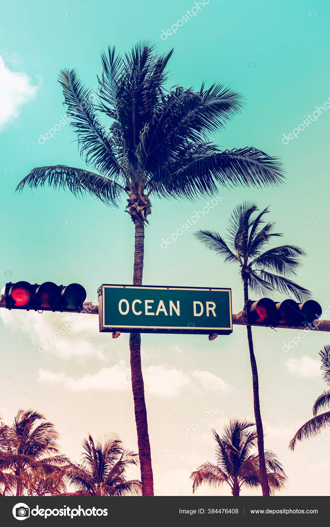 Ocean Drive Sign Palm Trees Background Miami Beach Florida Stock Photo ...