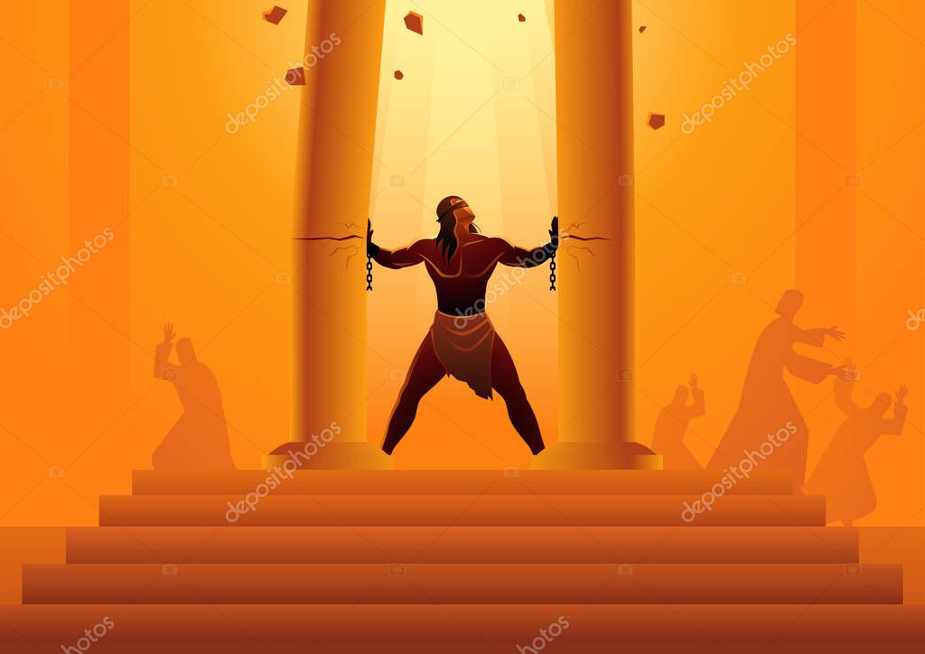 Serie de ilustración vectorial bíblica, Sansón sostuvo los pilares del ...