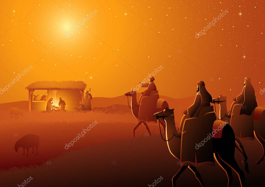 Serie de ilustraci n vectorial b blica, bel n de la Sagrada Familia y tres sabios. Tema Navidad 2024
