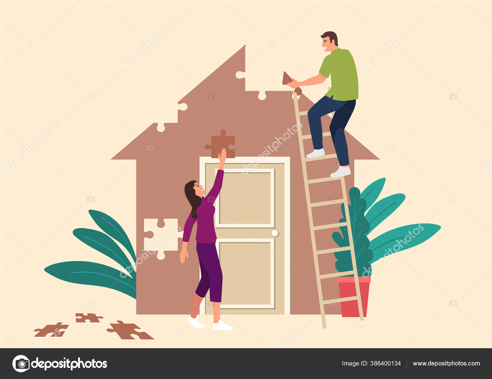 Ilustración Simple Vector Plano Pareja Construyendo Una Casa Hecha ...