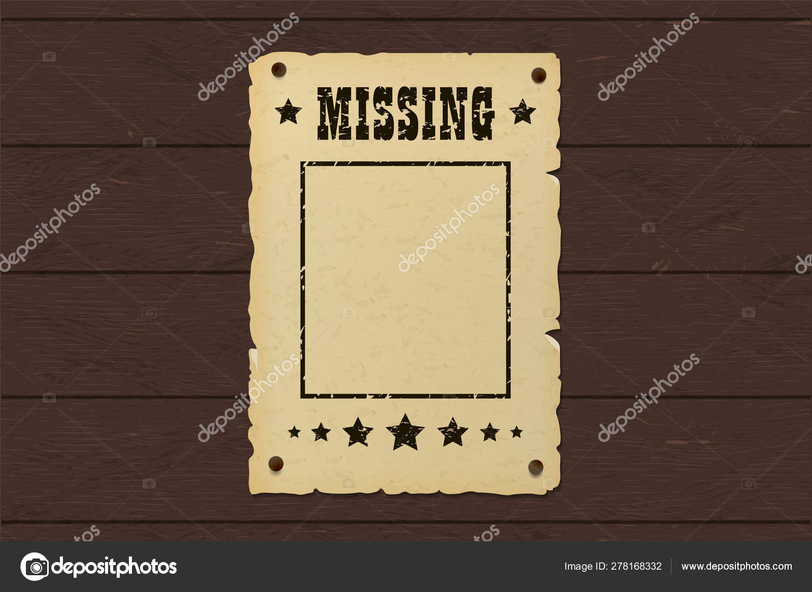 Old missing poster. Western bounty brochure nailed to a wooden wall ...