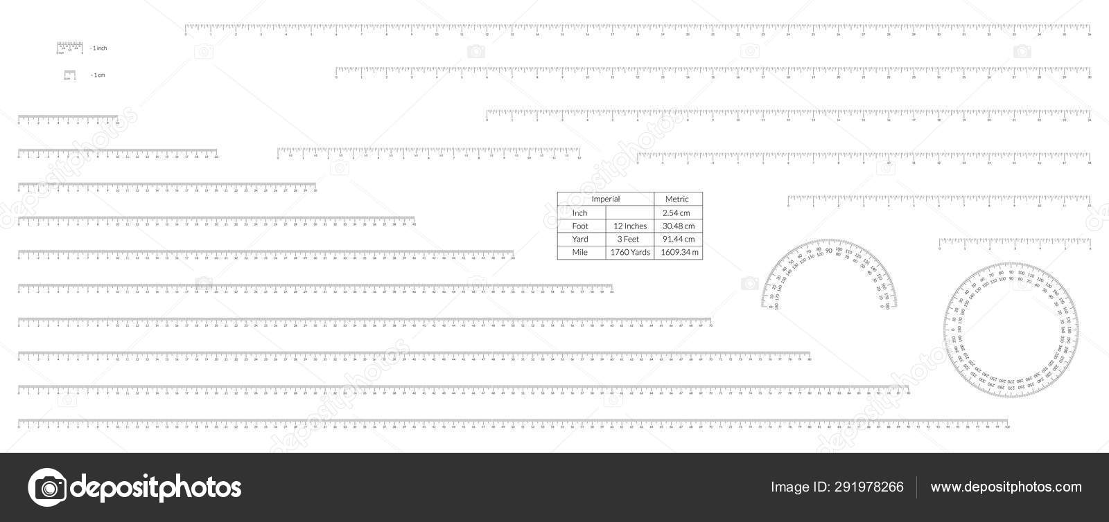 Set of imperial and metric units measuring scale bars for ruler and ...