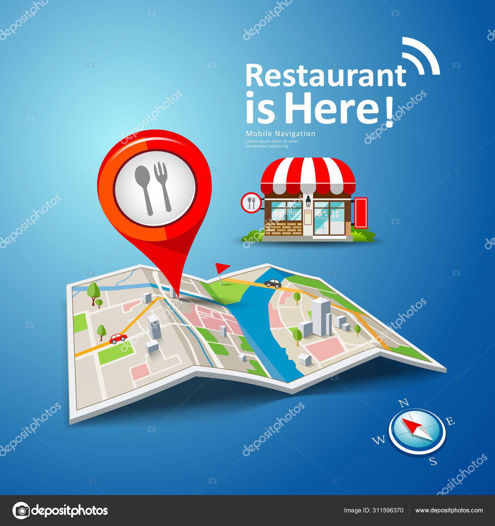 Folded Maps Vector Red Color Point Markers Restaurant Here Design Stock ...
