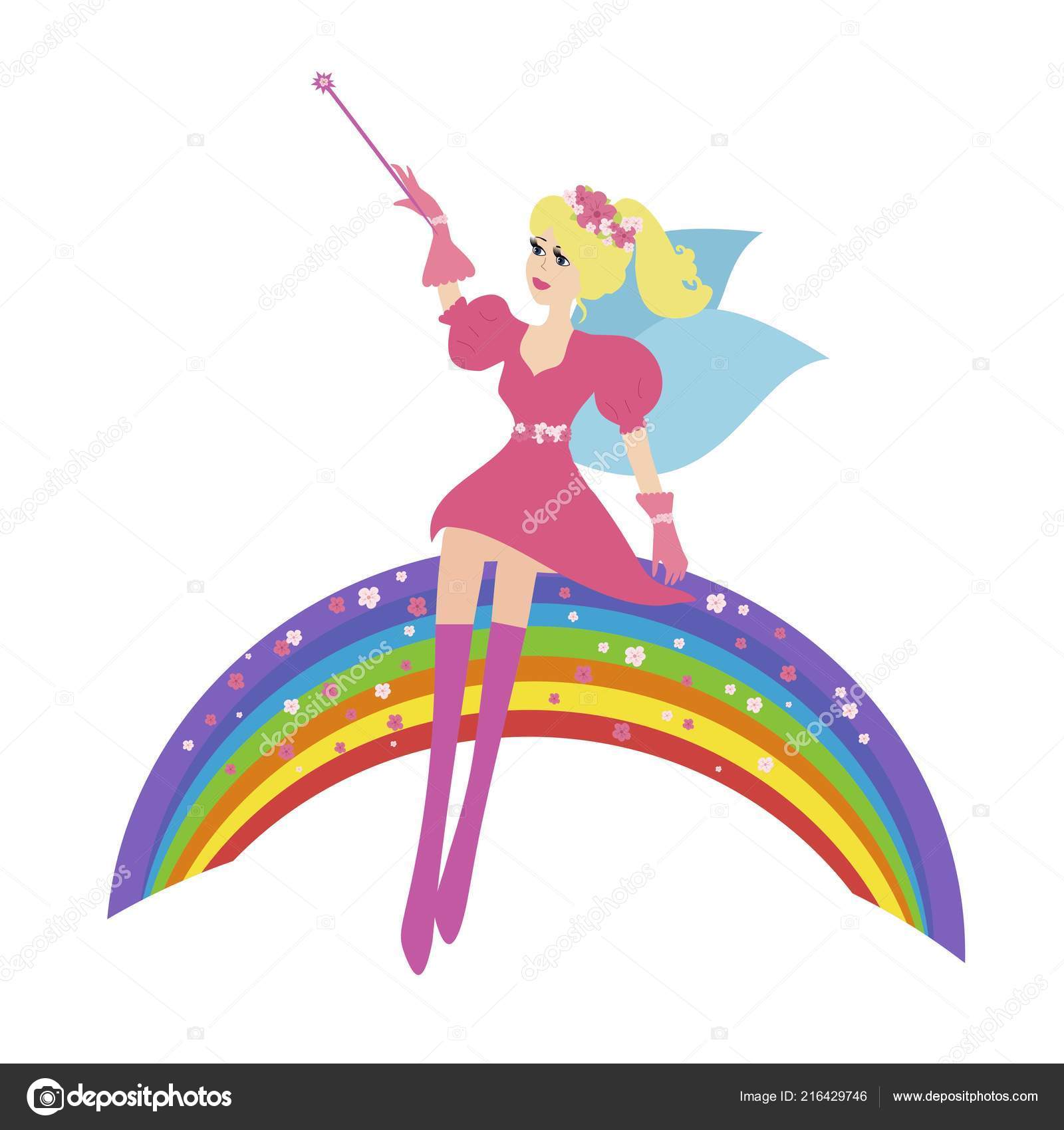 Hada de dibujos animados con una varita mágica sentada en el arco iris ...