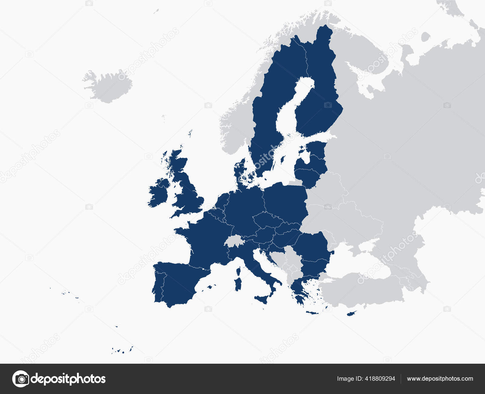 Flat Blue Political Map European Union National Country Borders Grey ...