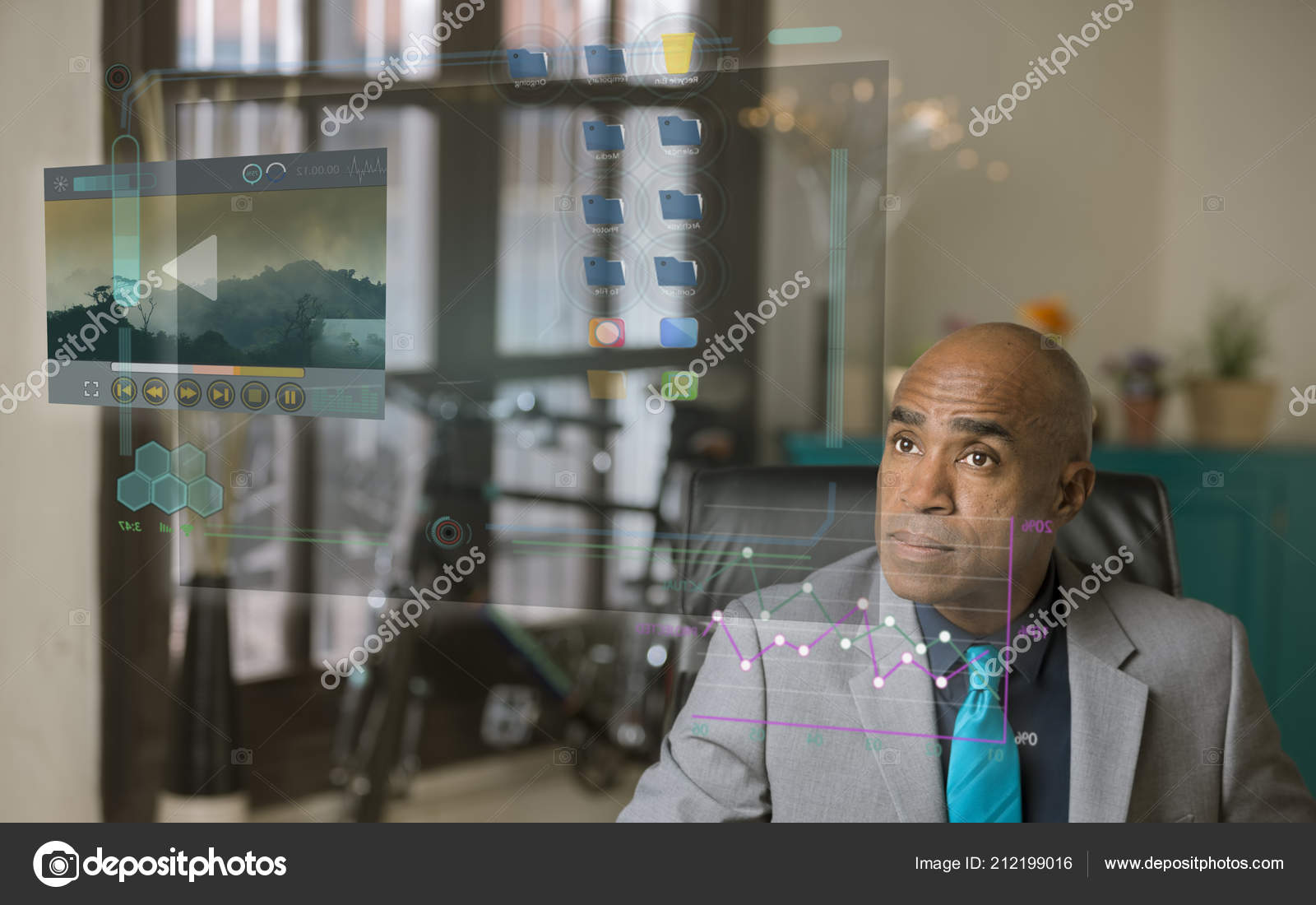 Professional Man Reading Futuristic Computer Screen Stock Photo by ...