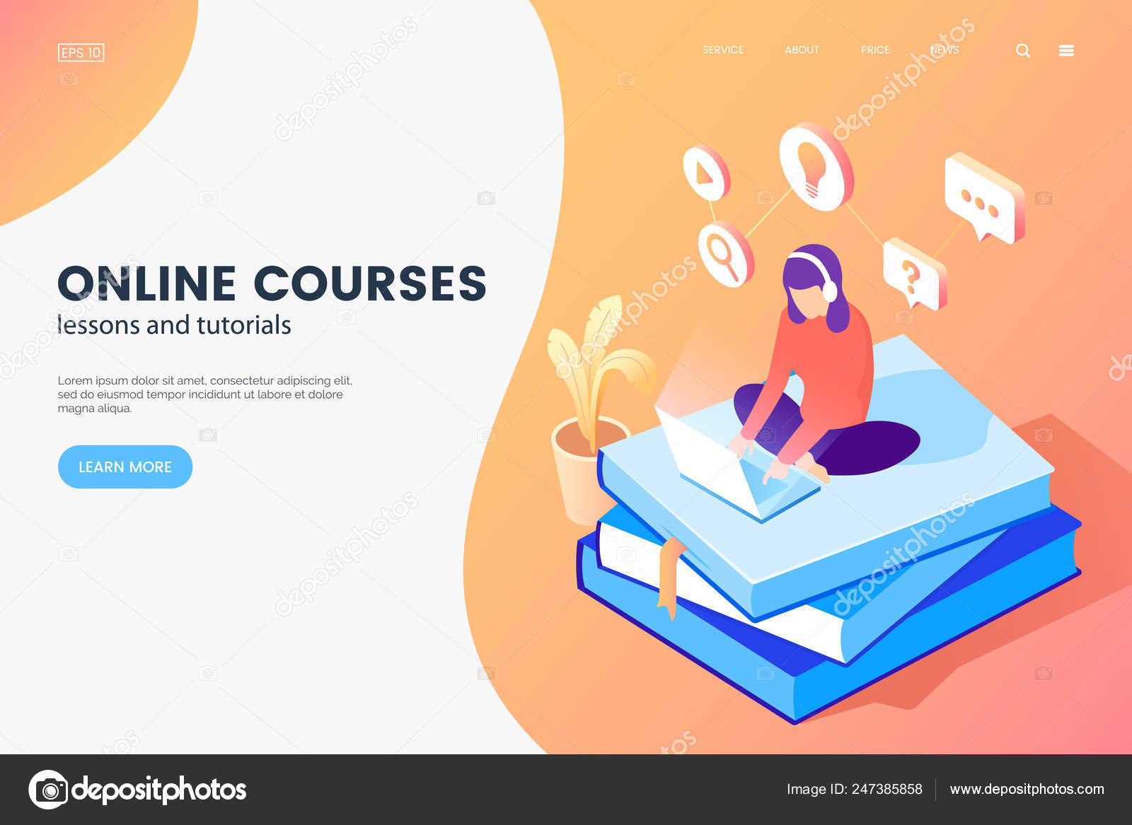 Online courses isometric illustration. Girl with laptop sits on books ...